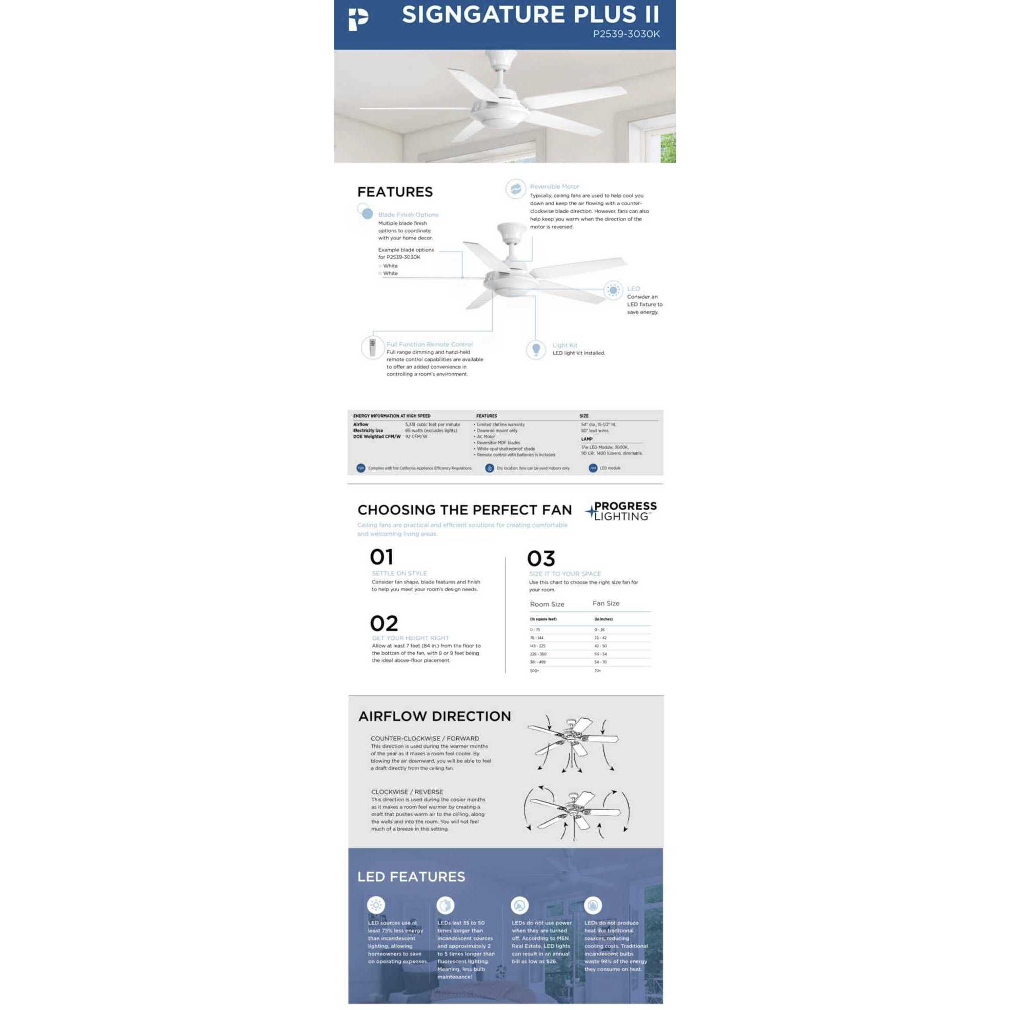 Progress P2539-3030K AirPro Signature Plus II 54 inch White Ceiling Fan ...