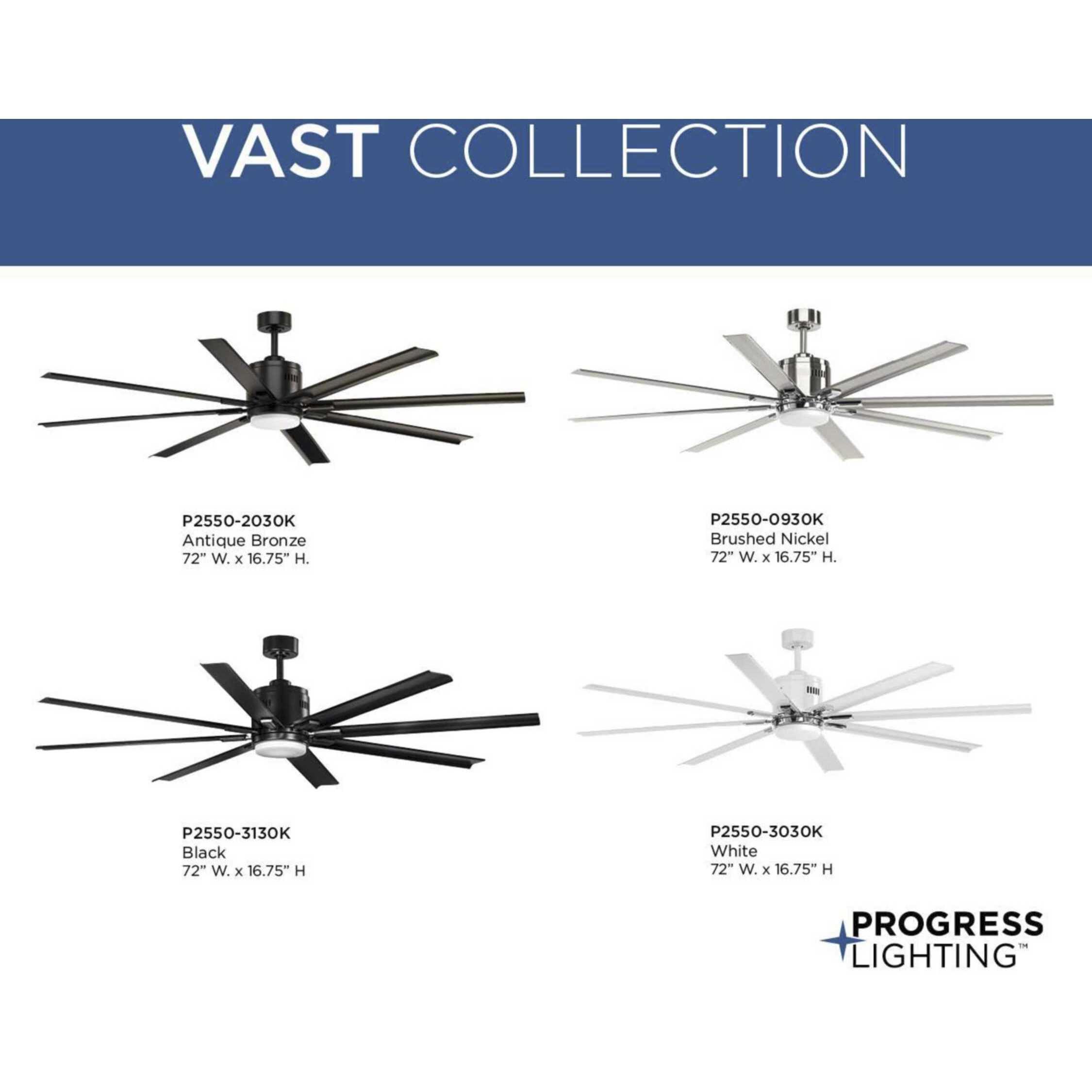 Progress P2550-3130K Vast 72 inch Black Ceiling Fan, Progress LED